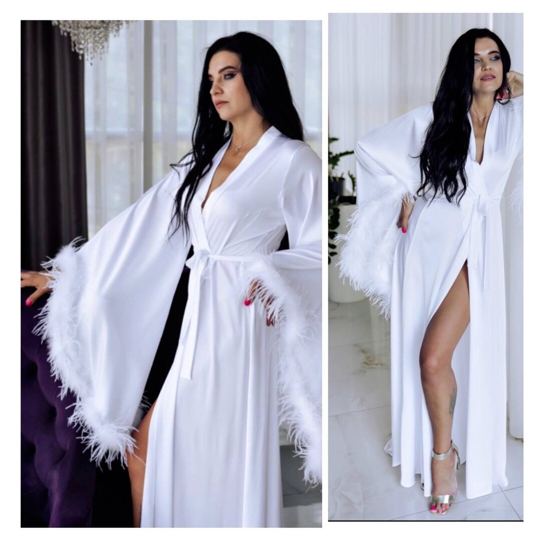 Feather Robe Long Silk Boudoir Robe With Feathers Wedding Kimono Robe ...