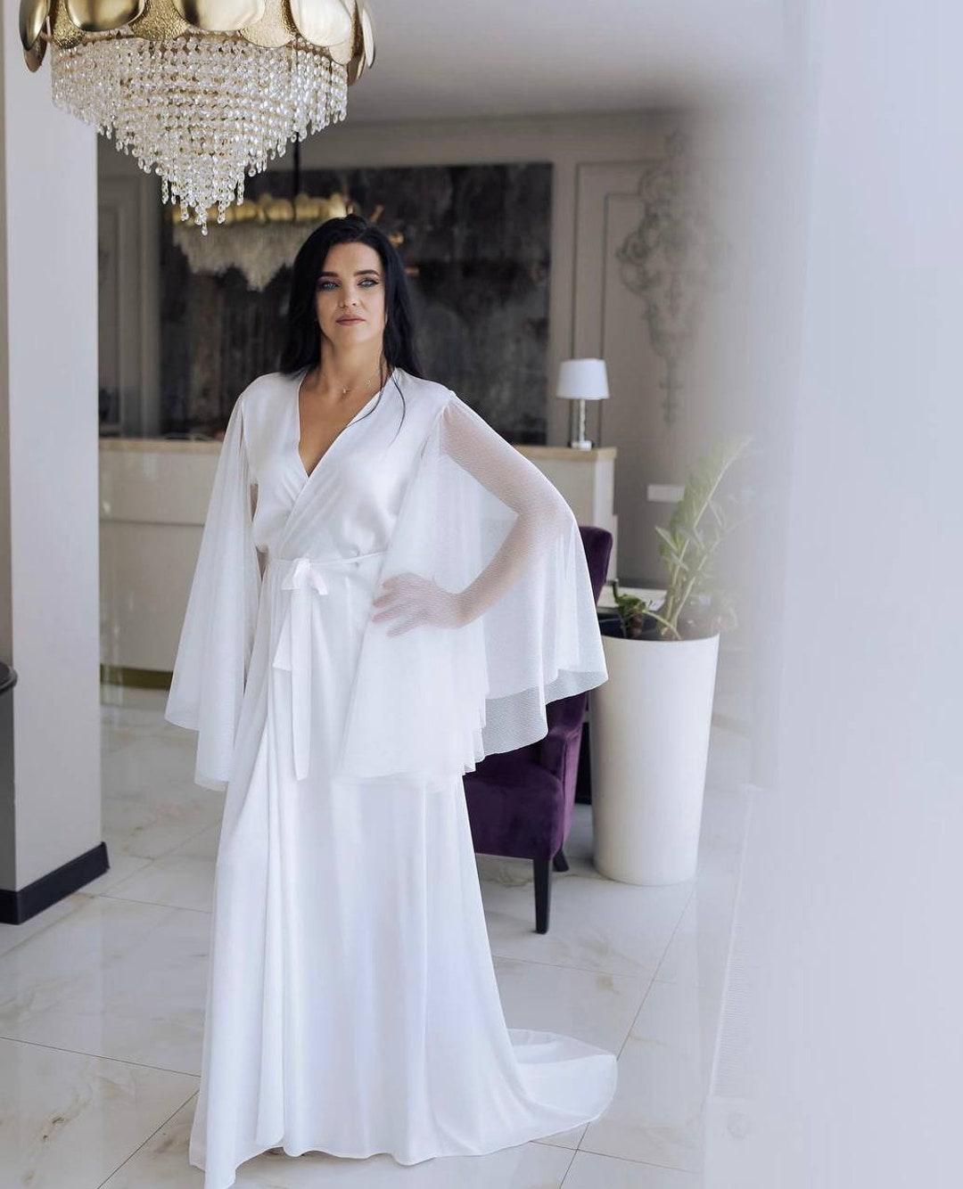 Bridal Robe With Wide Sleeves Boudoir Robe White Robe Wide Sleeve Sheer ...