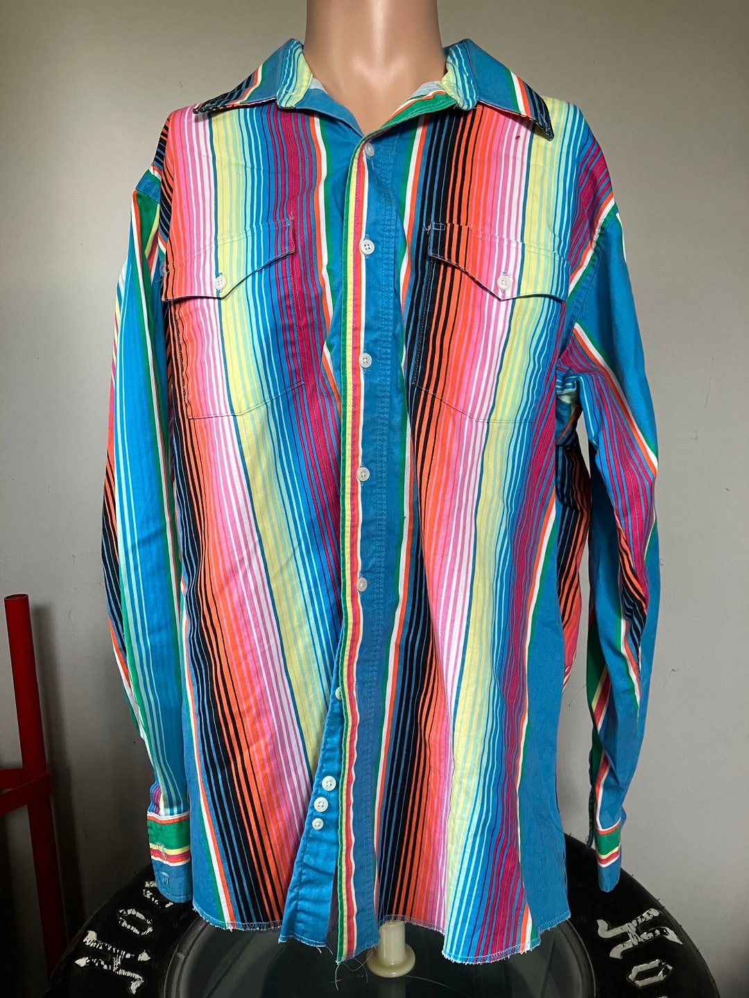 Vintage Wrangler Brushpopper Striped Western Cowboy Shirt 17x34 X-long ...