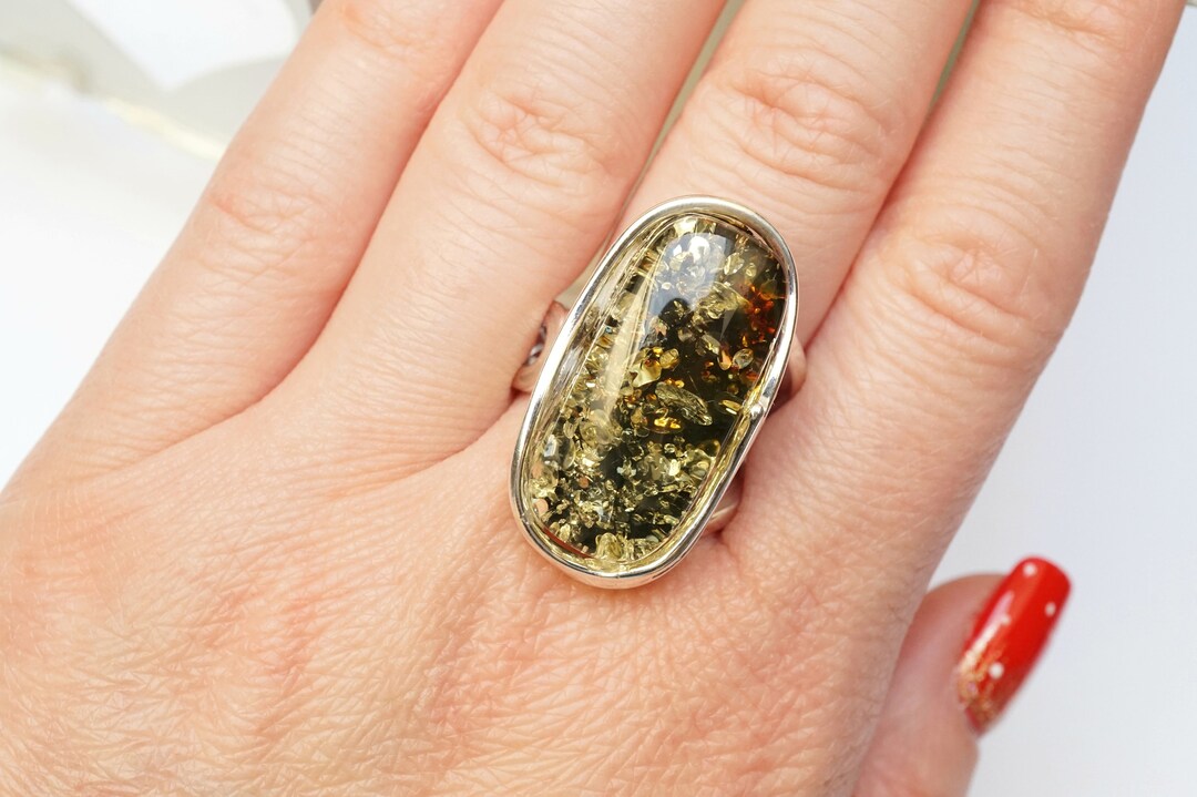 Large Handamde Green Amber Ring, Adjustable Amber Ring, Bright Green ...