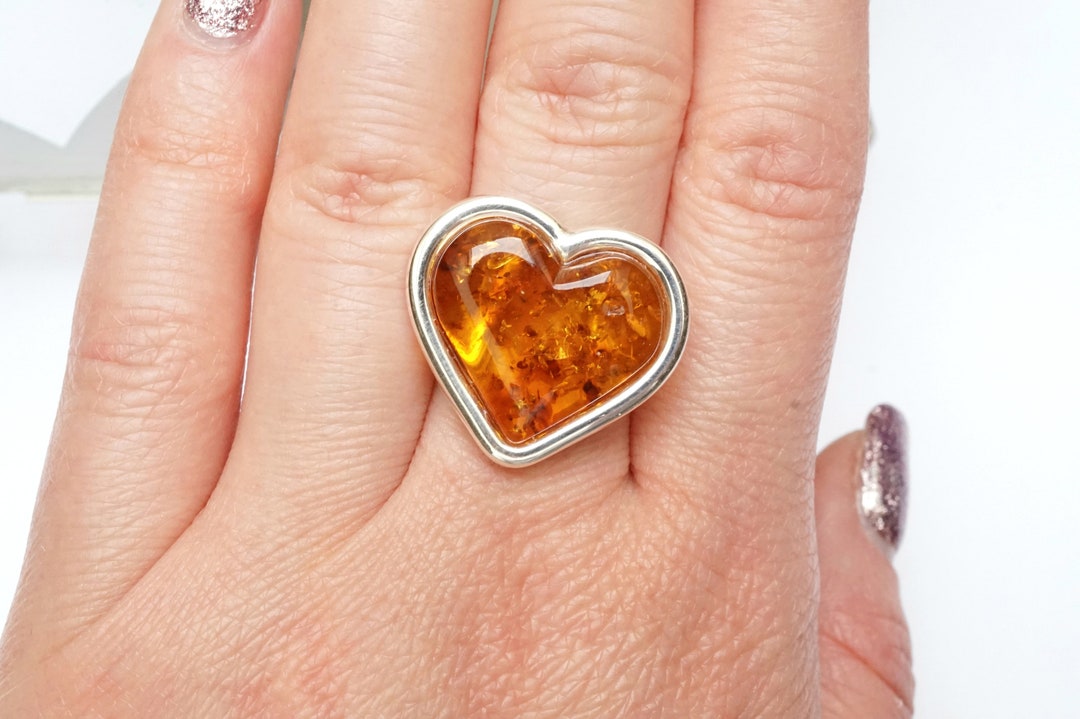 Love Amber Ring, Rare Amber Ring, Handmade Heart Amber Ring, Adjustable ...