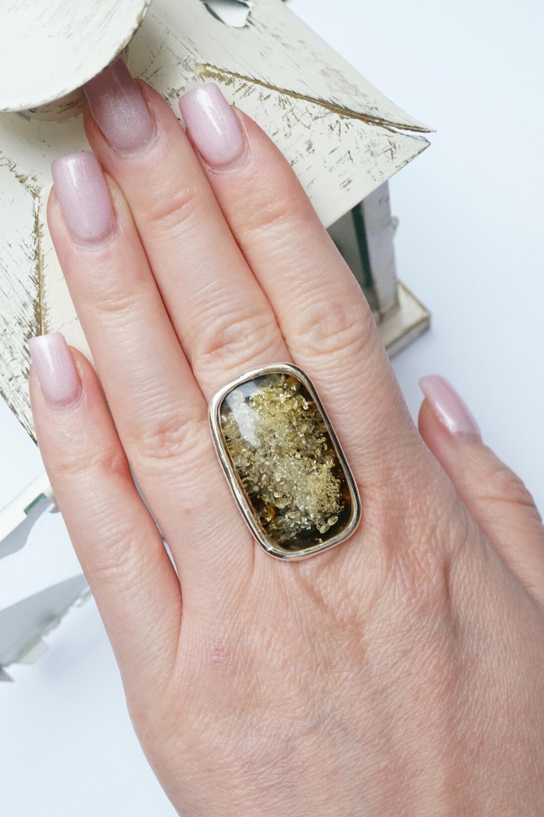 Green Amber Ring, Adjustable Ring With Amber, Rectangle Green Stone ...