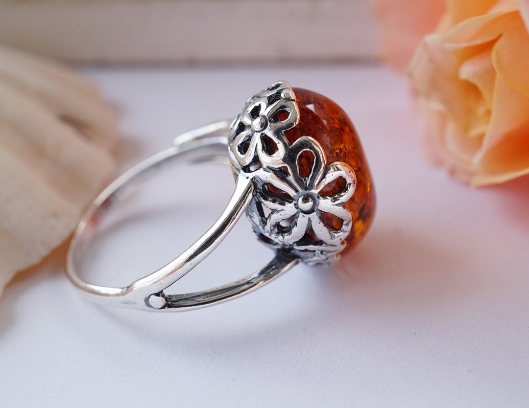 Natural Amber Baltic Ring, Floral Amber Ring, Small Amber Ring ...