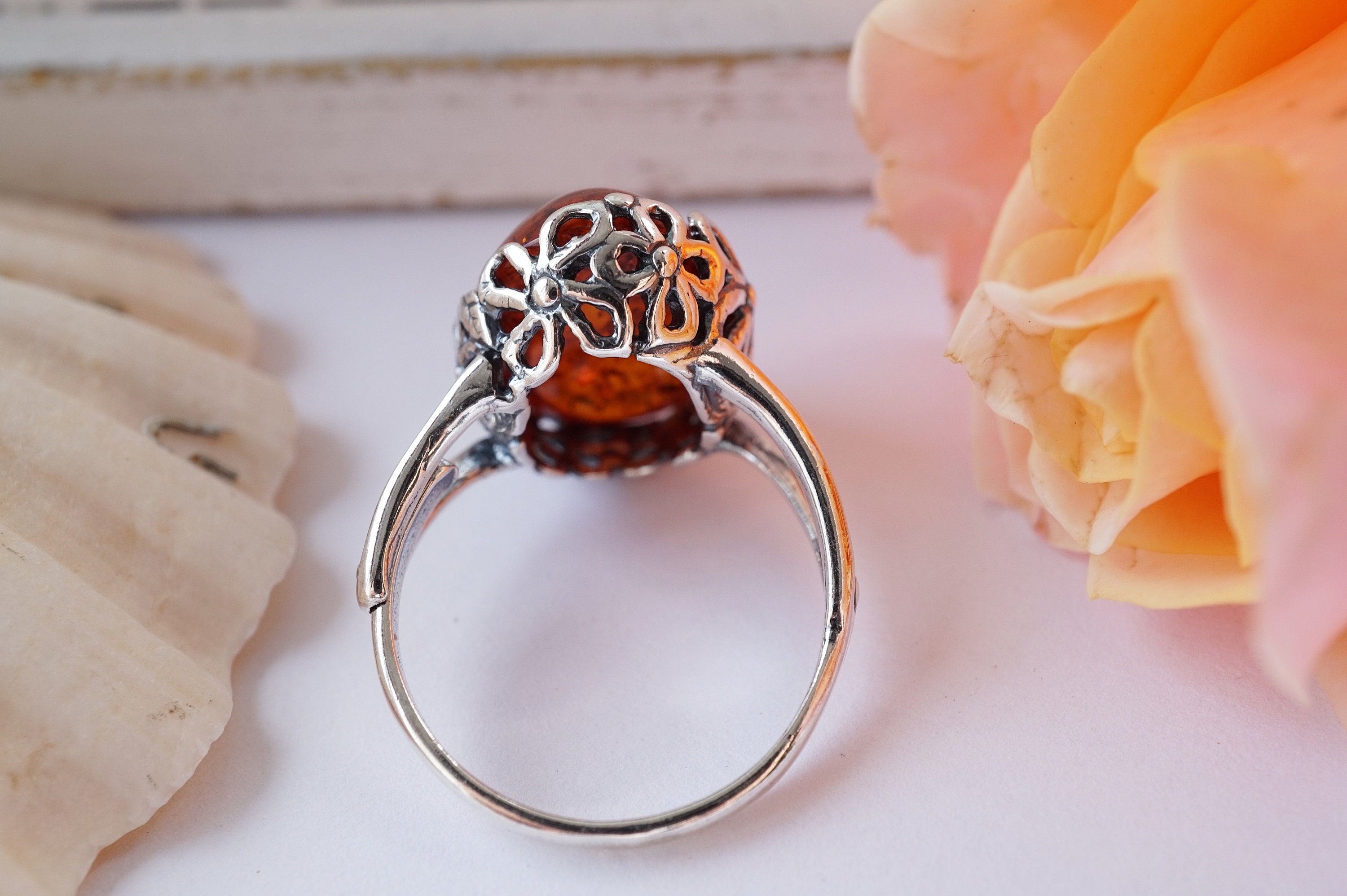 Natural Amber Baltic Ring Floral Amber Ring Small Amber - Etsy