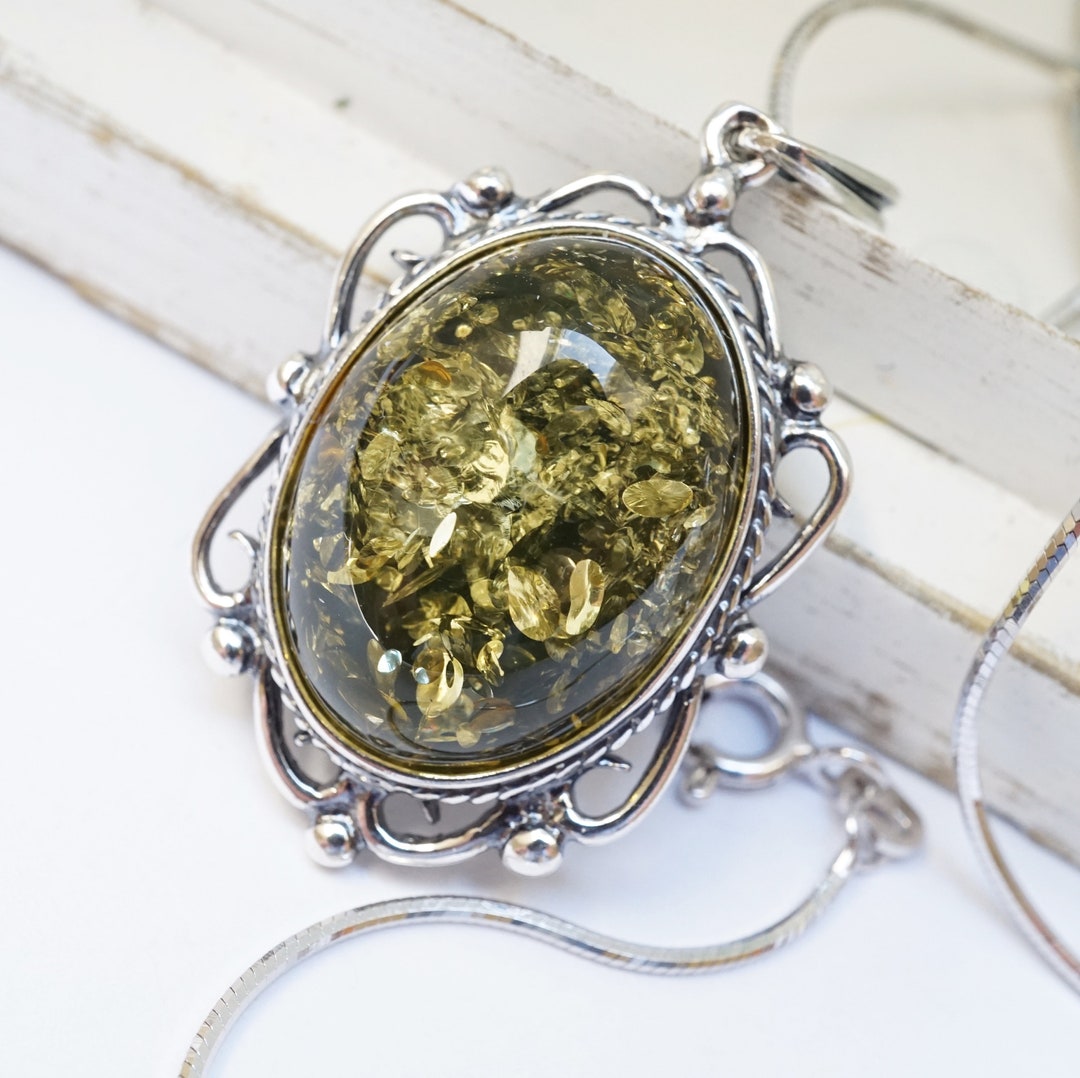 Green Amber Necklace, Green Amber Pendant, Green Amber, Vintage Amber ...
