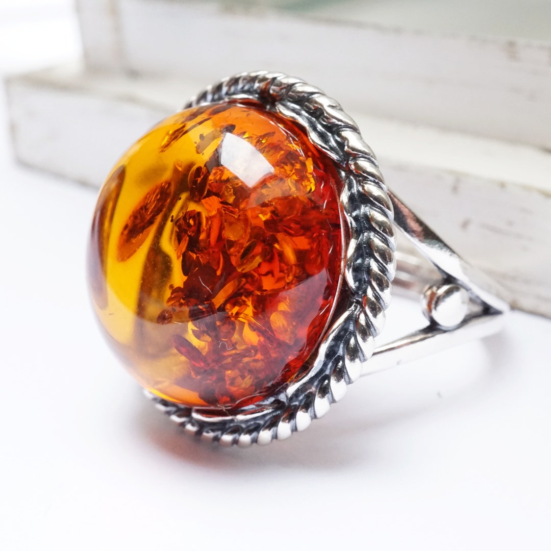 Round Amber Ring, Adjustable Amber Ring, Shiny Amber Ring, Amber Silver ...