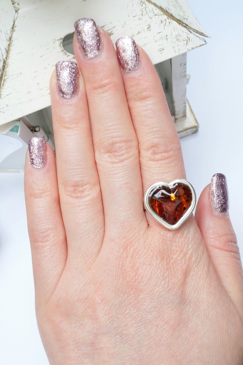 Amber Heart Ring, Dark Cognac Amber Ring, Amber and Silver Love Ring ...