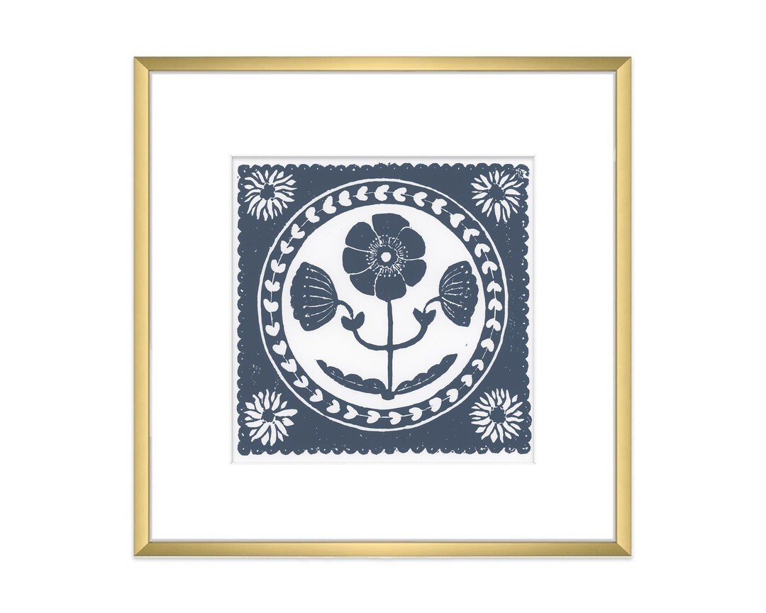 Navy Blue Anemone Floral Block Print Artwork Mid Century Botanical ...