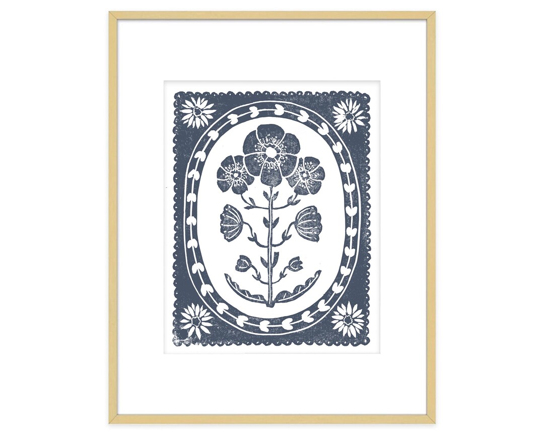 Navy Blue Anemone Floral Block Print Artwork Mid Century Traditional ...