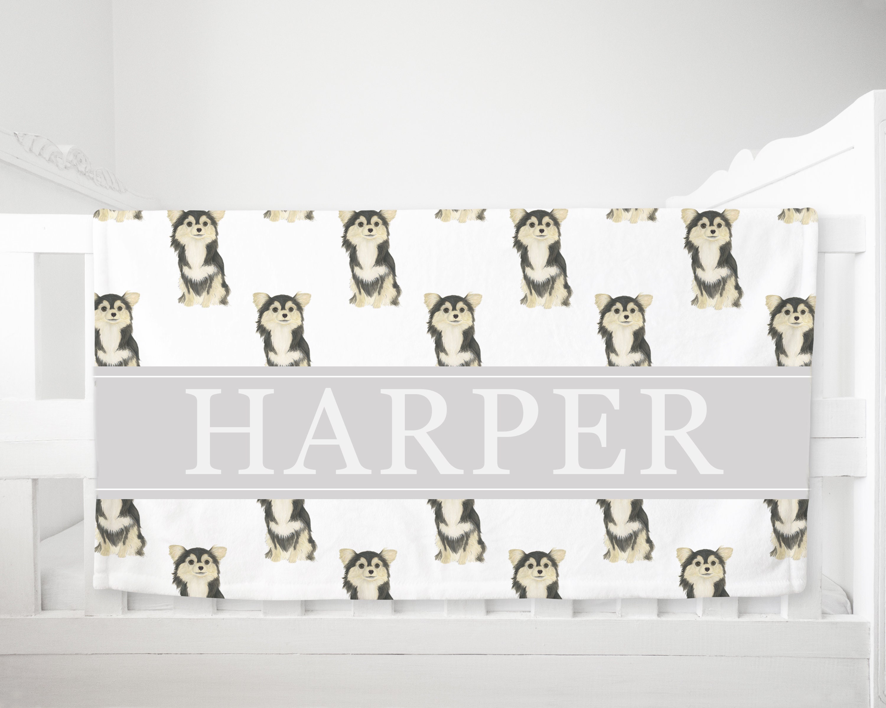 Personalized Black & Tan Tricolor Long Haired Chihuahua Minky Baby ...