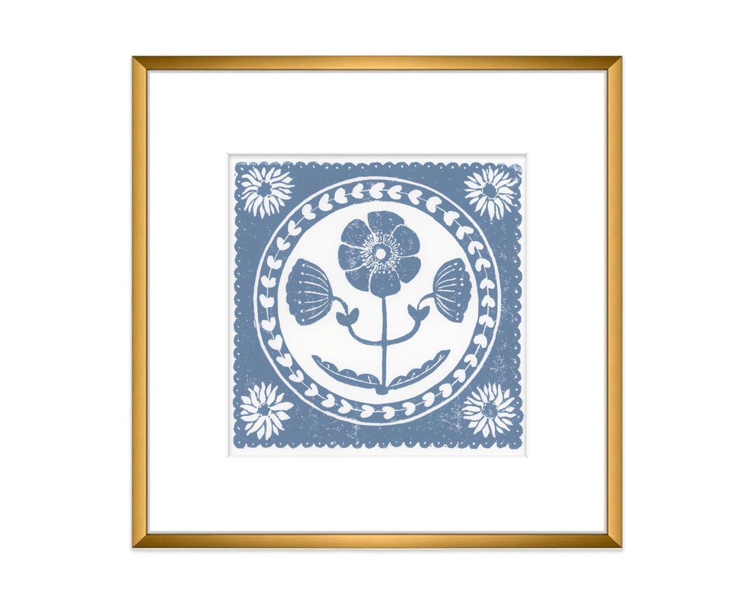 Light Blue Anemone Floral Block Print Artwork, Mid Century, Traditional ...