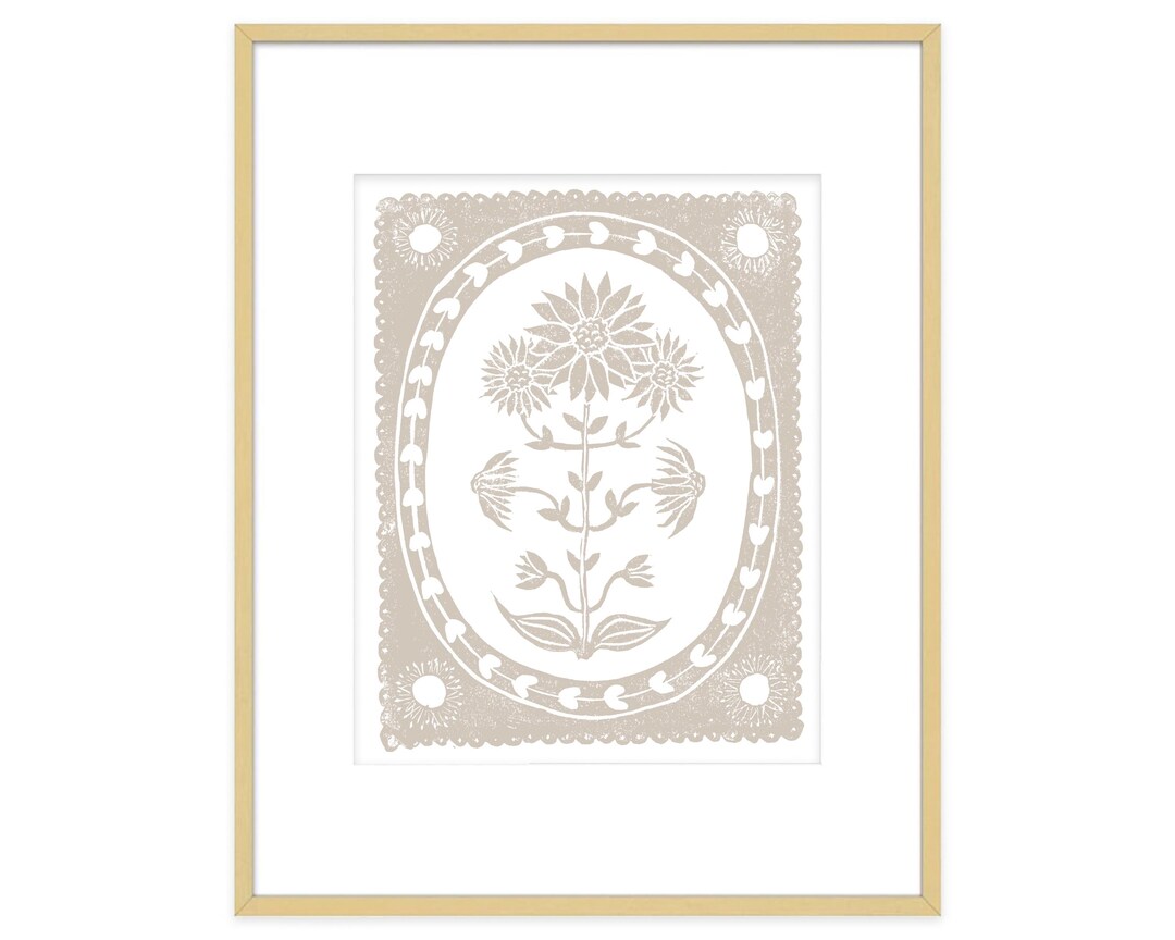 Sand Tan Sunflower Floral Block Print Artwork Mid Century Traditional ...