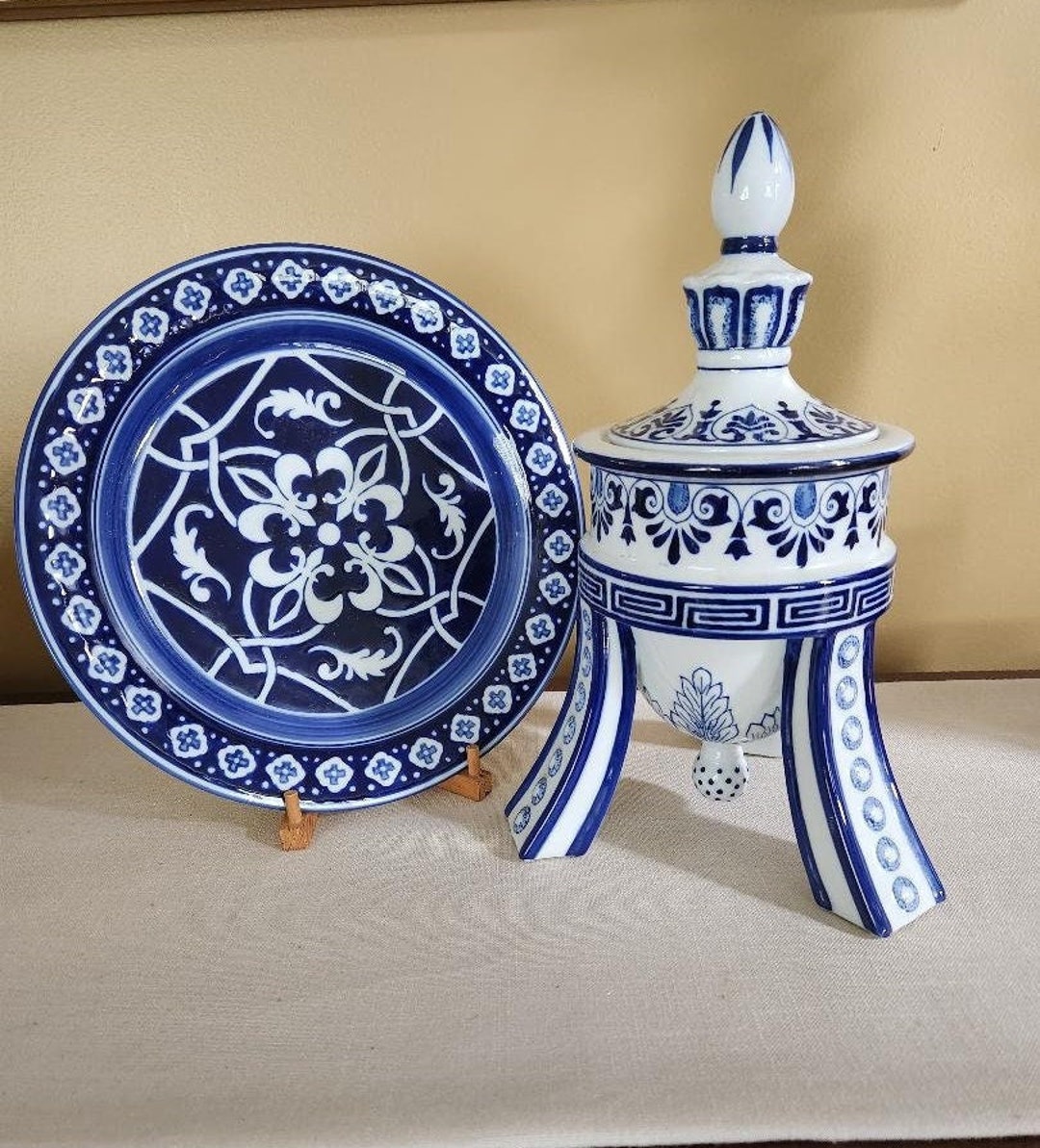 Decorative Blue & White Ceremonial Vessel and Plate - Etsy