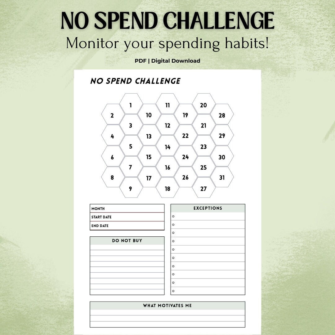 No Spend Challenge INSTANT DOWNLOAD Spending Habit Tracker Simple ...