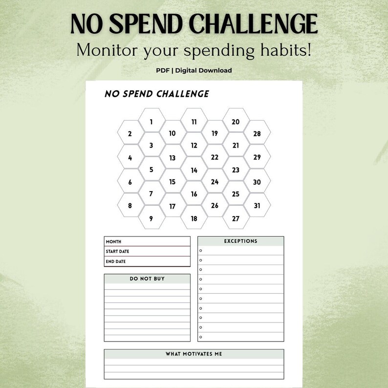 No Spend Challenge INSTANT DOWNLOAD Spending Habit Tracker Simple ...