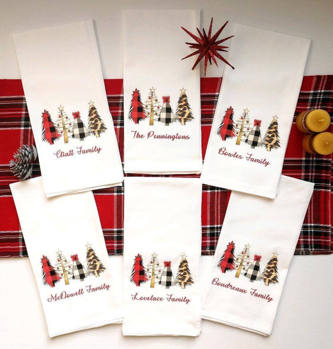 Personalized Christmas Tree Kitchen Towel, Buffalo Plaid Leopard Trees ...