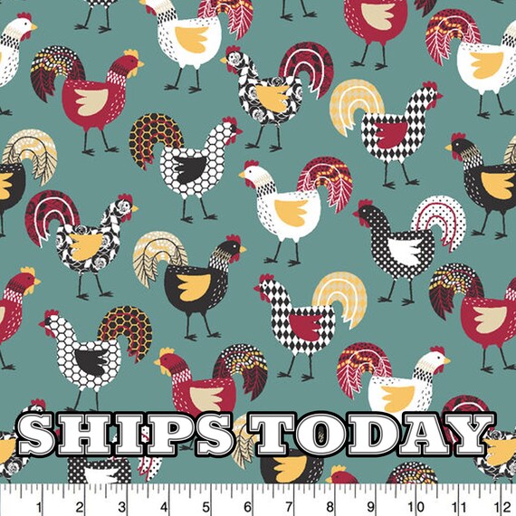 Patterned Chickens on Teal Pattern Chicken 100% Cotton Fabric | Etsy