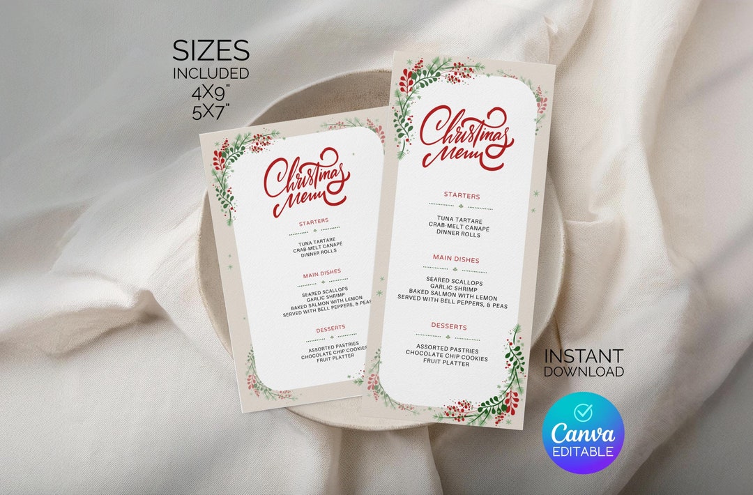 Editable Christmas Menu Template, Editable Holiday Menu Card, 5x7 & 4x9 ...