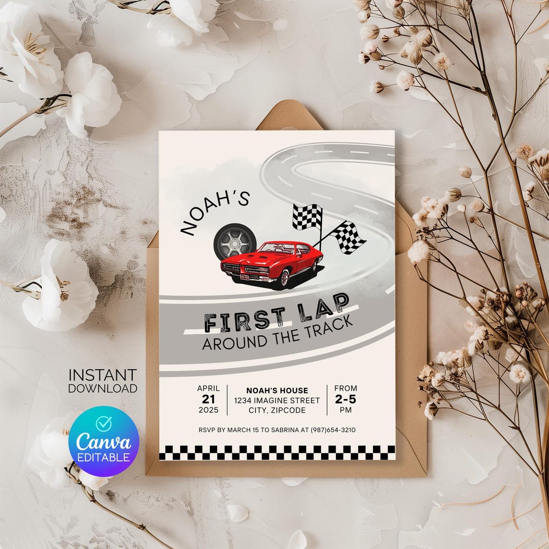 First Lap Around the Track Birthday Invitation, Race Car 1st Birthday ...