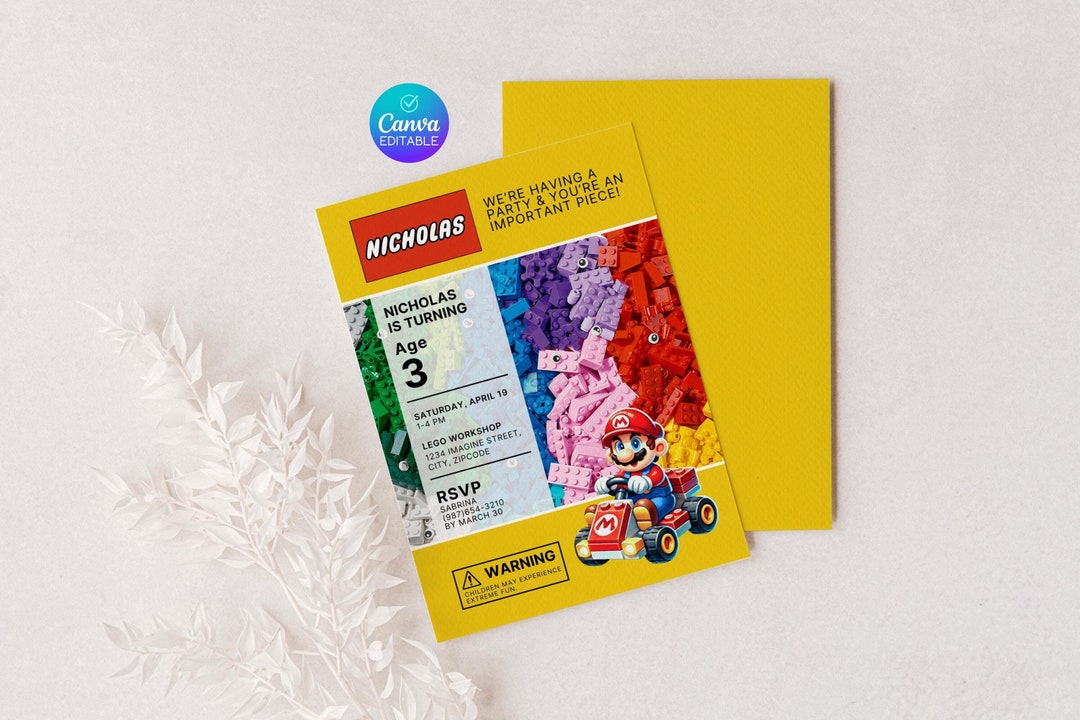 Lego Birthday Invite, Lego Mario Birthday Invitation, Fun Super Mario ...