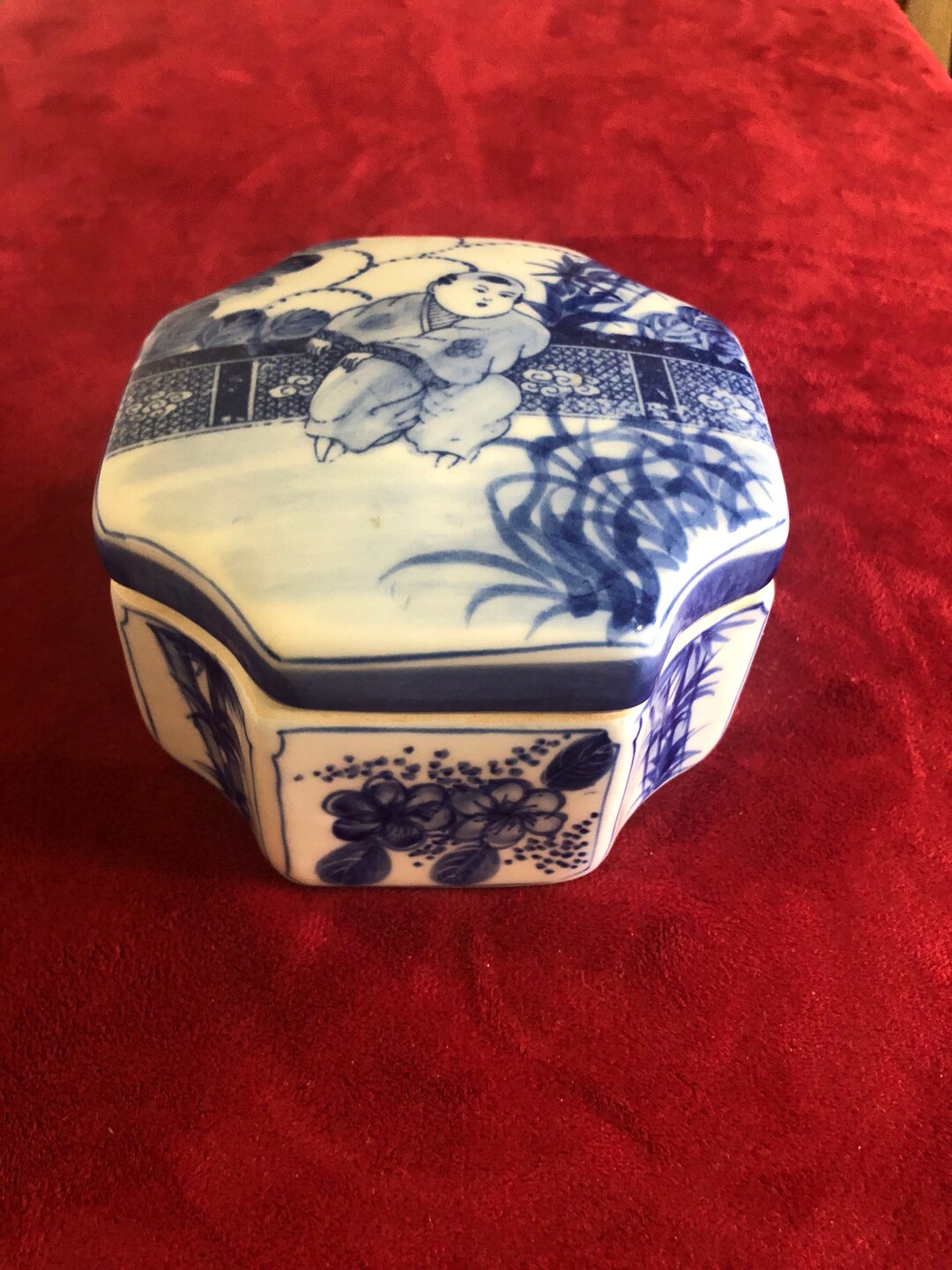 Oriental Canton Pattern Porcelain Box, Blue White Design, Pristine, 5 ...