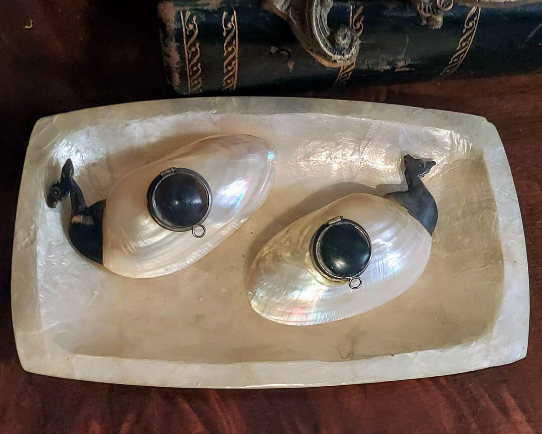 RARE Antique Peacock Seashell Inkwell Pair Set - Etsy