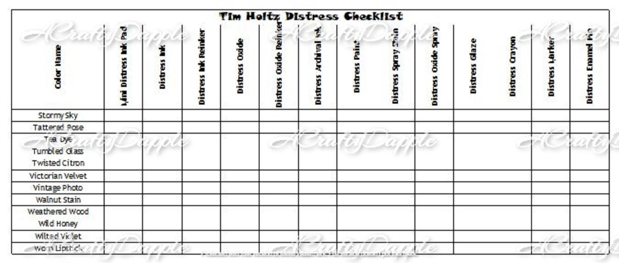 Tim Holtz Distress Line Checklist, Tim Holtz Distress Checklist, Ranger ...
