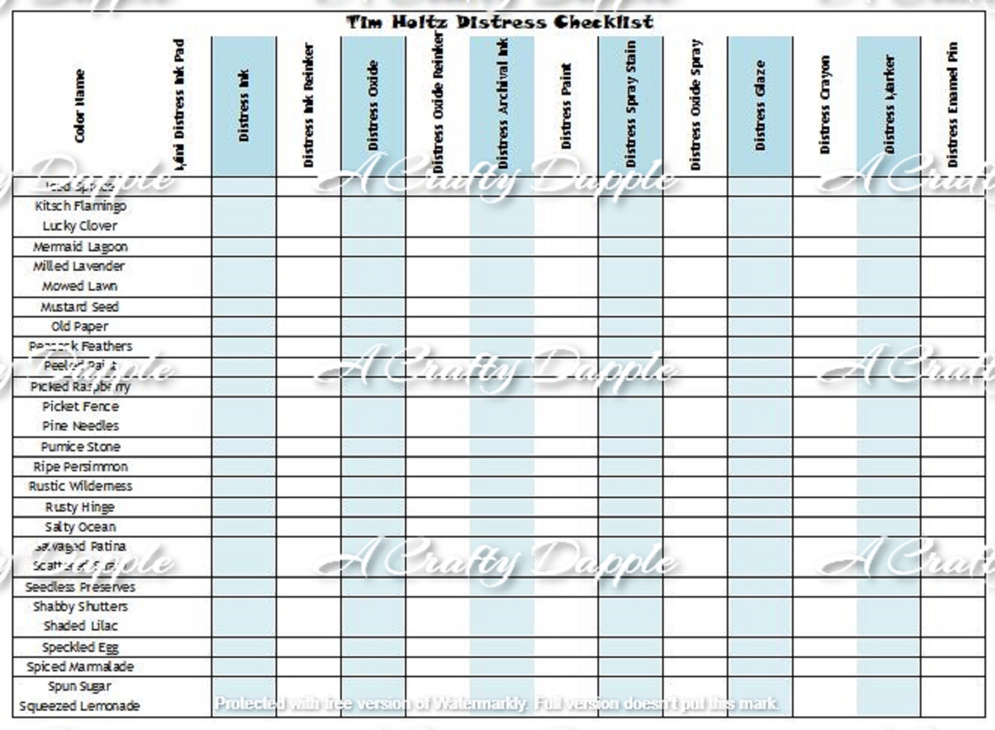 Tim Holtz Distress Line Checklist, Tim Holtz Distress Checklist, Ranger ...