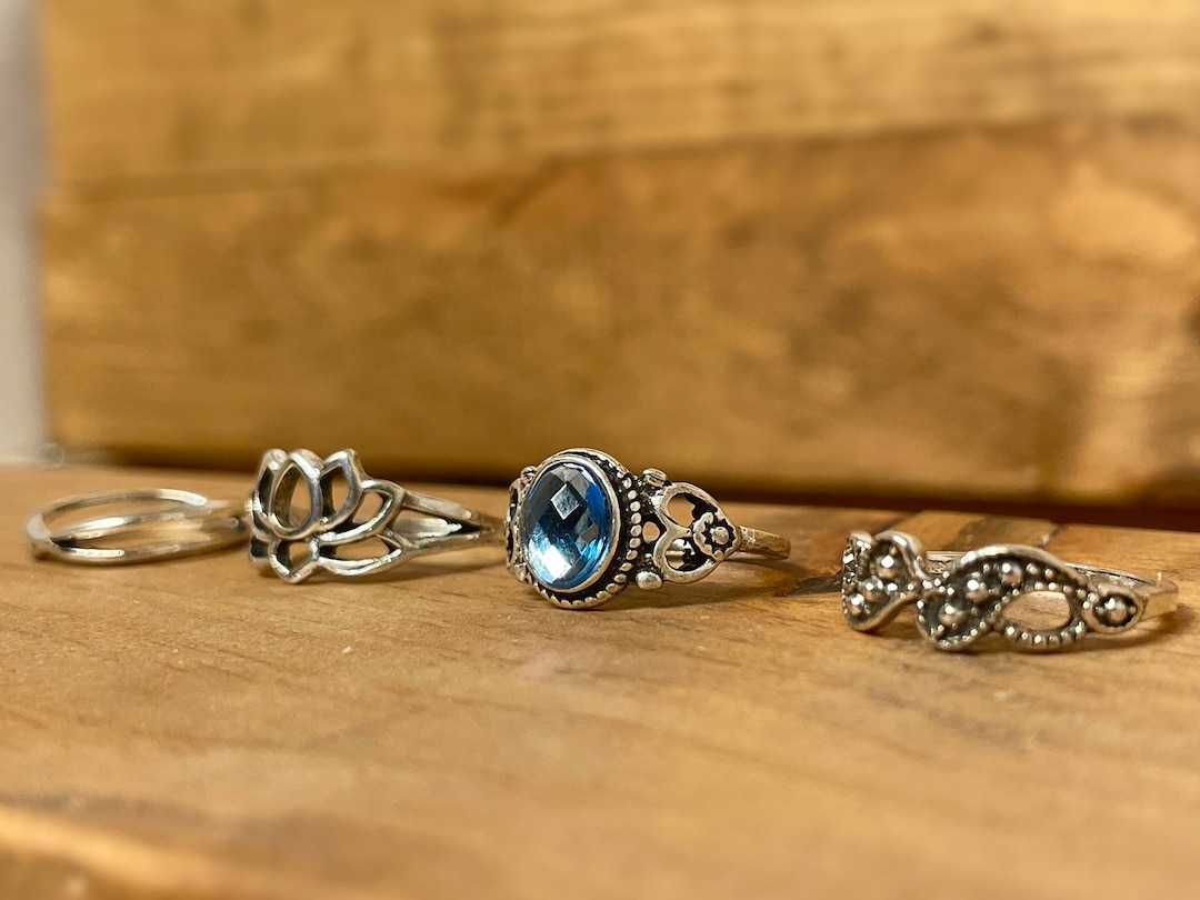 Ring Set (4 Rings/ 2 Styles to Choose) Silver Blue Lotus Flower Rings ...