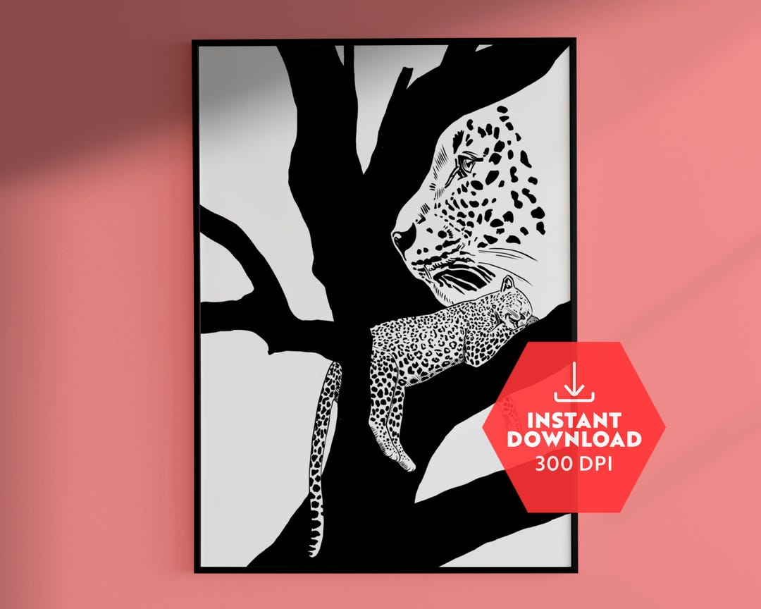 Leopard in the Trees – Black and White Animal Art Print, Minimalist ...