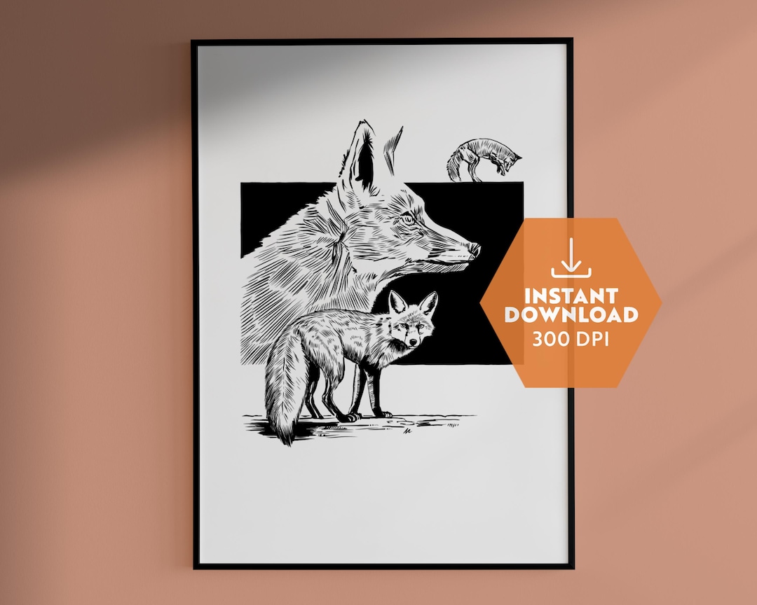 Fox Trio – Black and White Sketch Art Print, Minimalist Wildlife ...