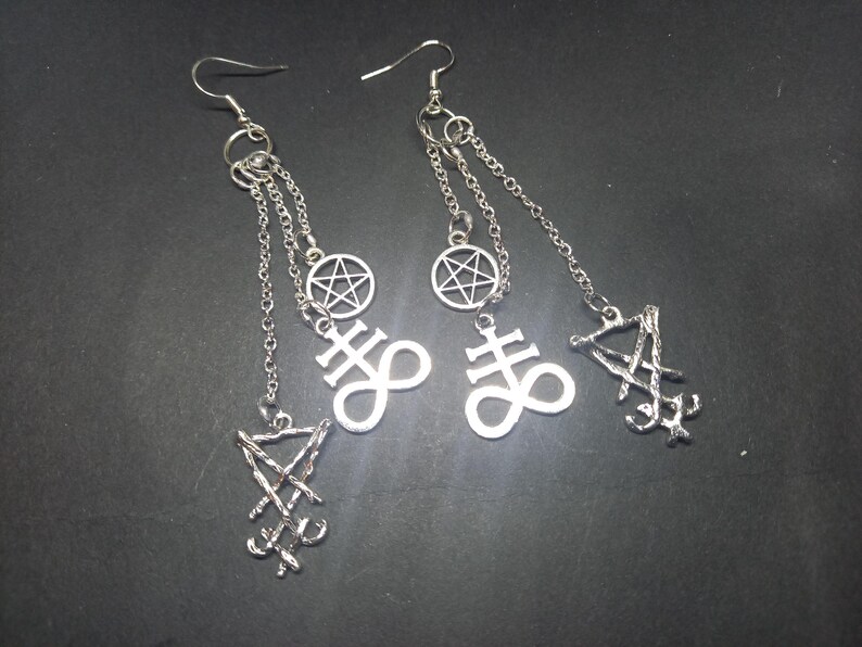 Satanic Trinity Earrings With Separate Chains :goth Witchy Occult Witch ...