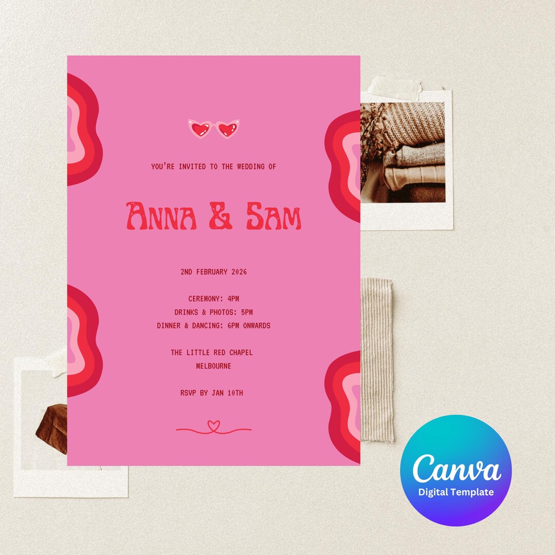 Retro Alternative Wedding Invitation, Pink & Red, Retro Wedding ...