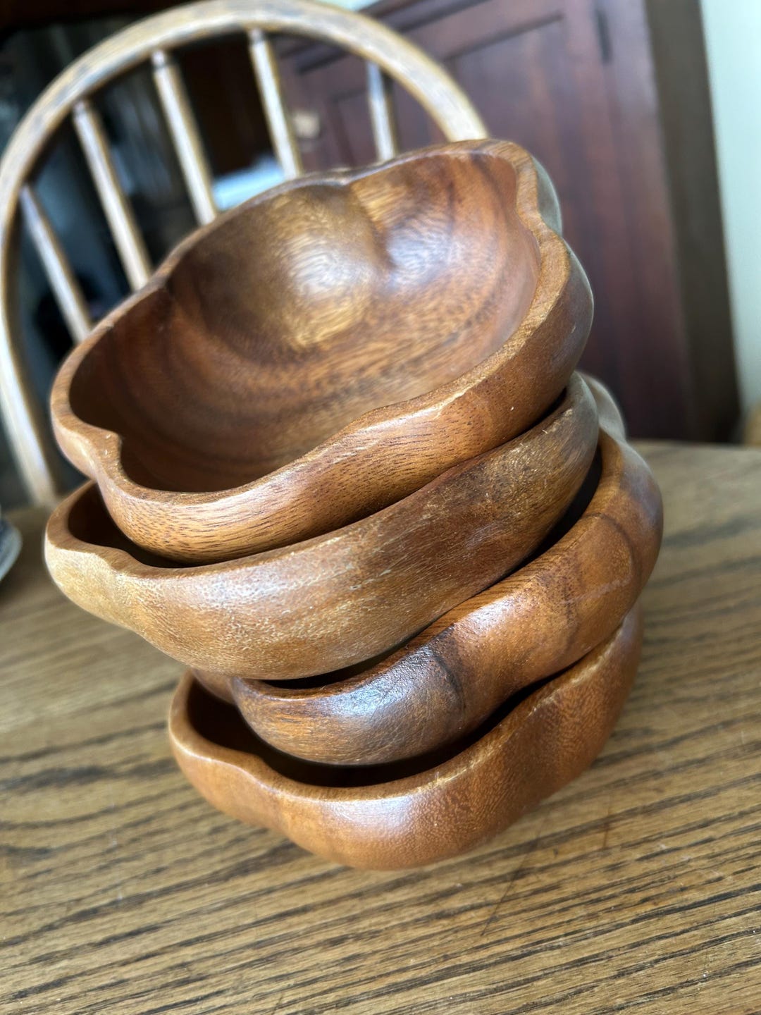 Set of 4 Vintage Wooden Salad Bowls, Dolphin Monkey Pod, 5.75” Diameter ...