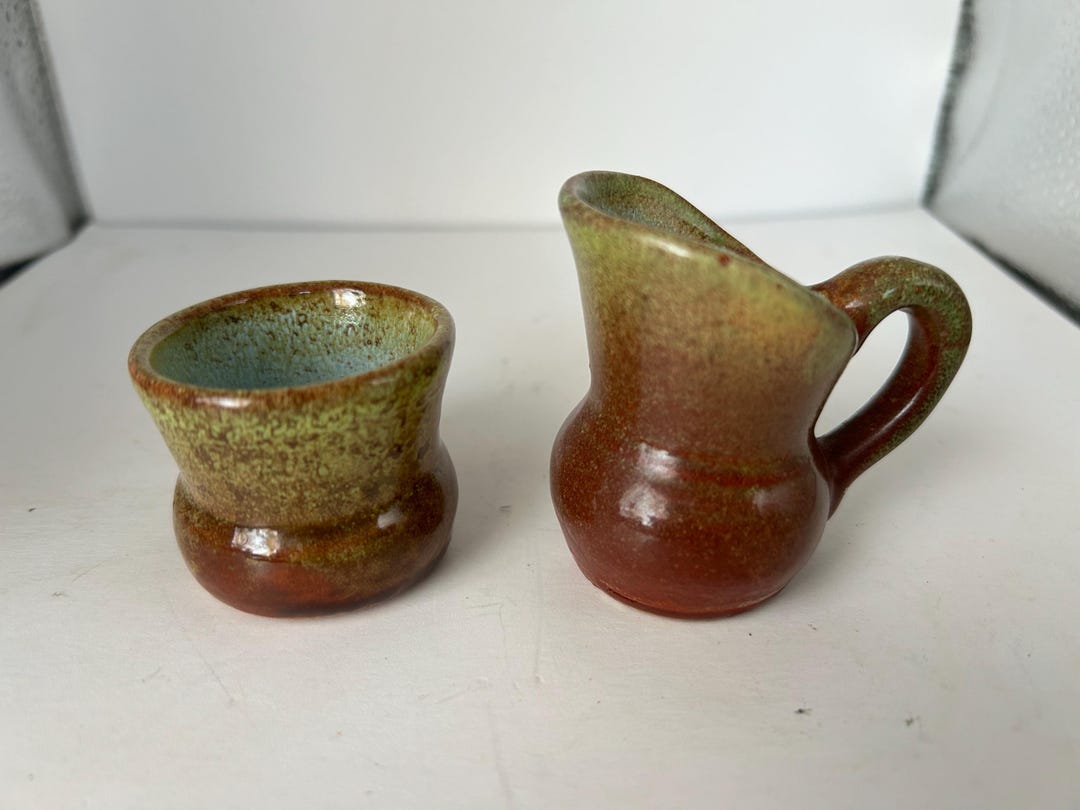 Mini Redware Pottery Creamer and Open Sugar Bowl. Green, Brown Speckled ...