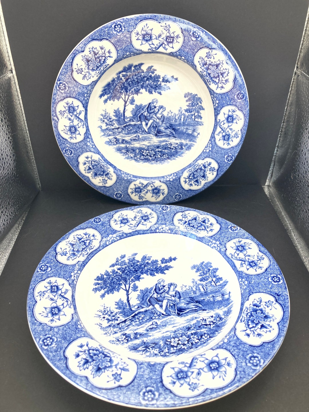 Set of Two Blue Lawnton ,adams Transfer Ware Rimmed Shallow Soup/salad ...
