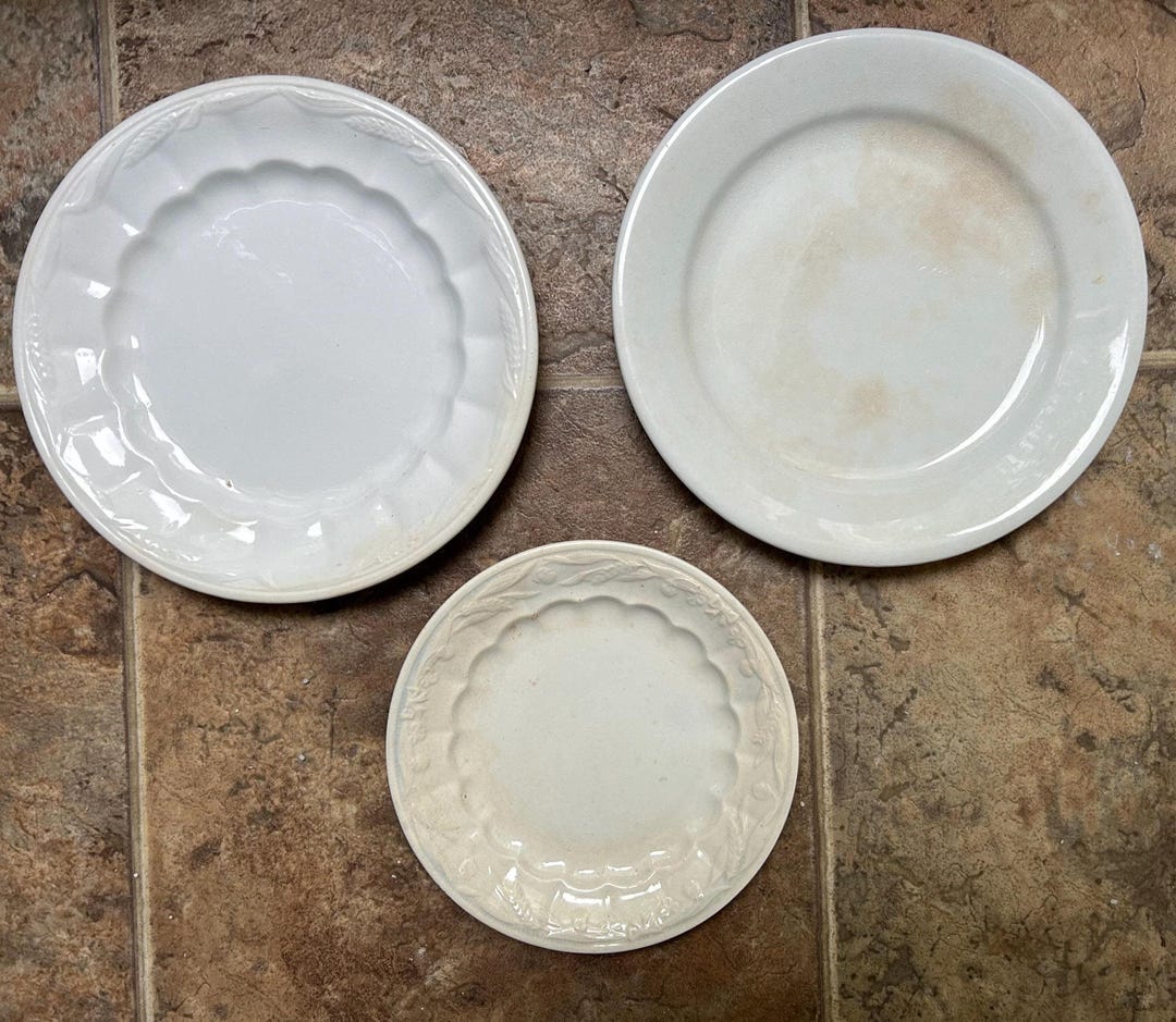 White Antique Ironstone Plates, Set of 3, Crazed and Stained. - Etsy
