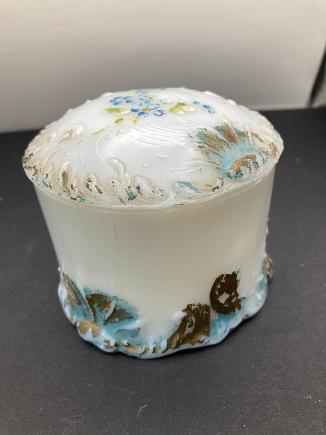 Antique Victorian Milk Glass Trinket Jar, Hand Painted. - Etsy