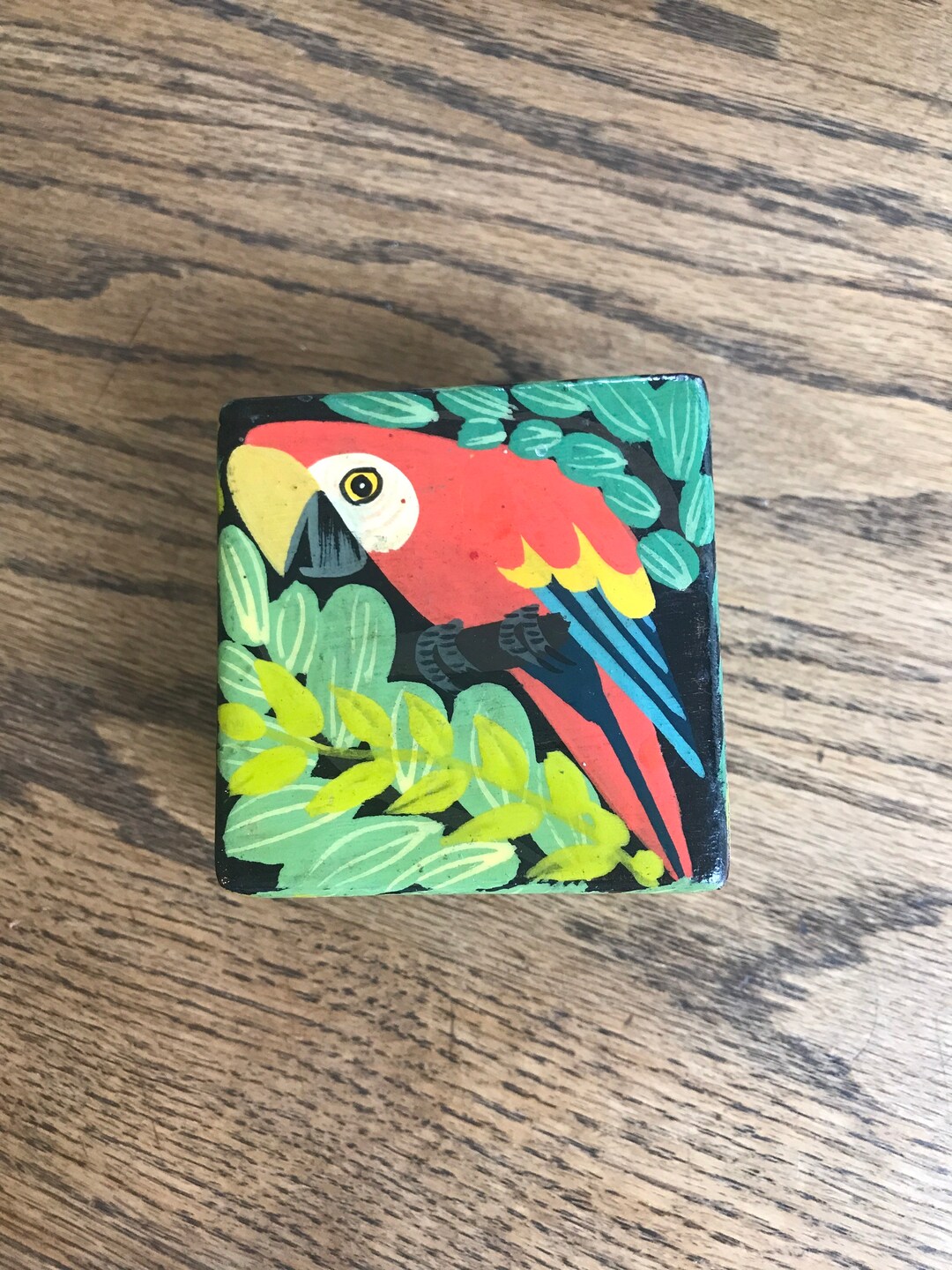 Hand Painted Wood Trinket Box With Parrot. 2.75” Square - Etsy