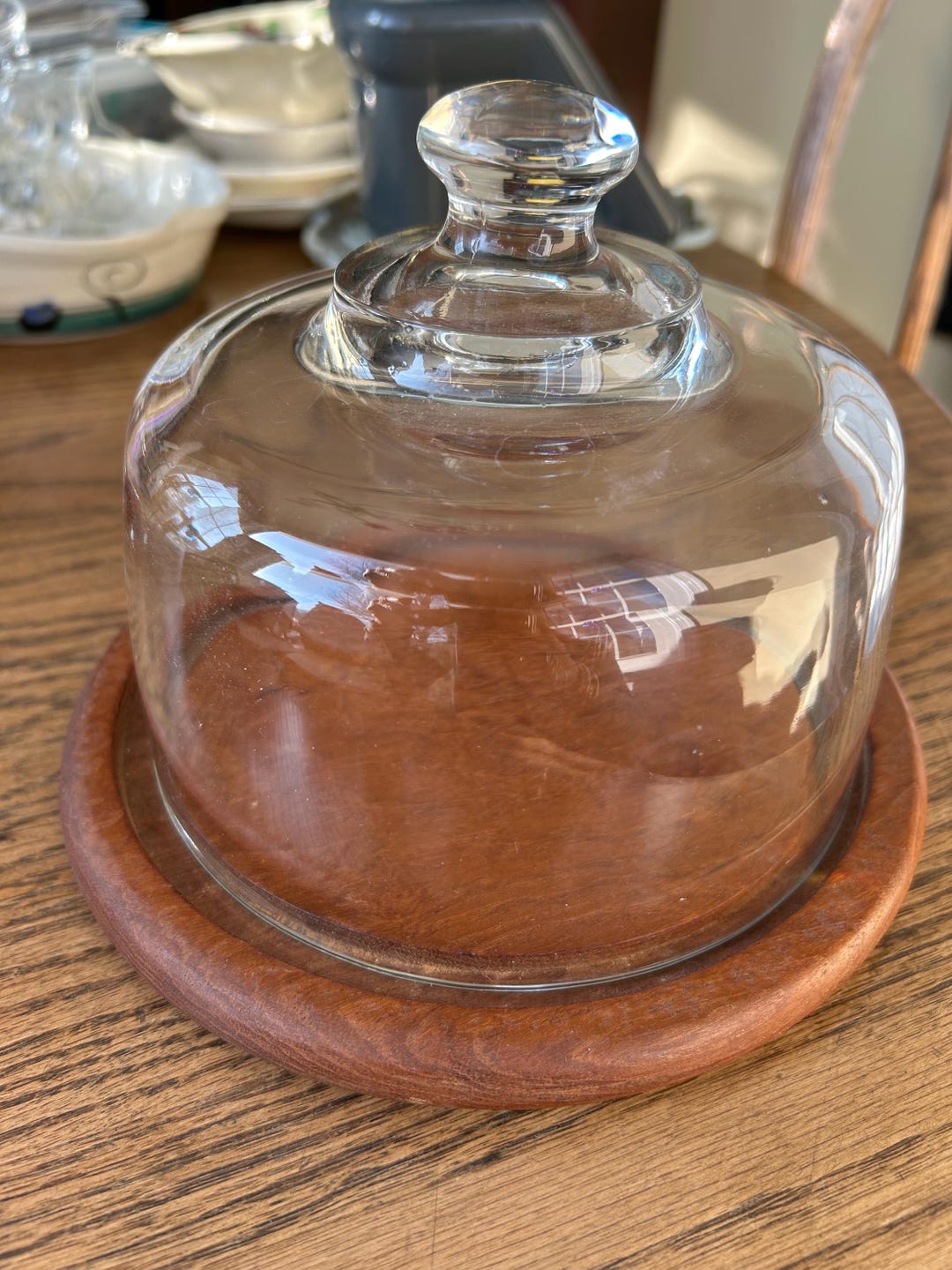 Vintage Teak Wood Cheese Board With Glass Dome Lid. Dolphin, Made in ...
