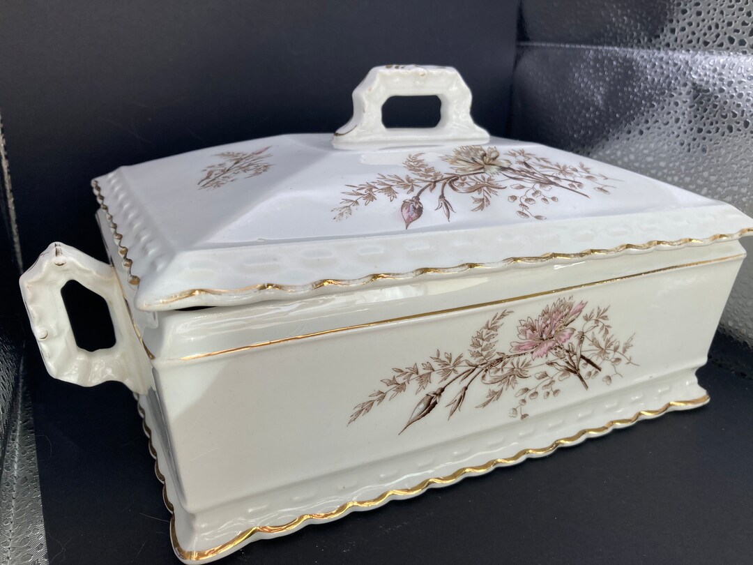 Ironstone Covered Serving Dish , Mercer China, Floral Brown Transfer ...