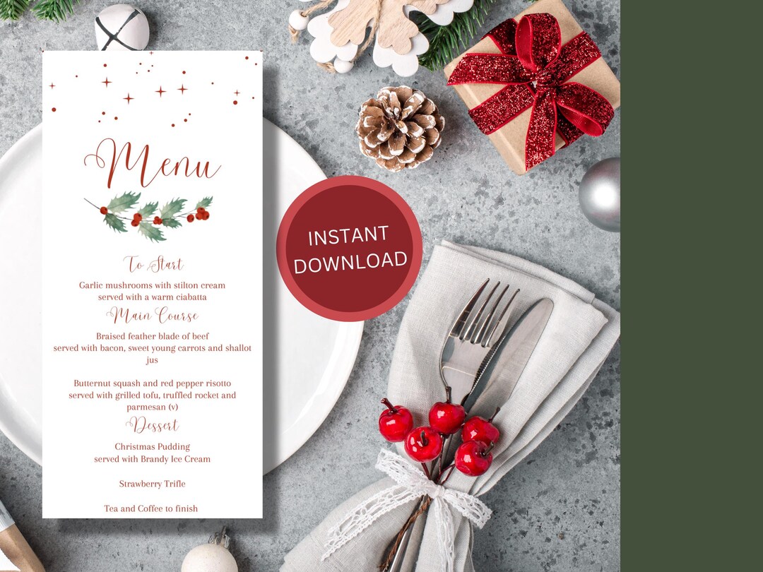 Printable Christmas Dinner Menu Template | Festive Table Decor (digital ...