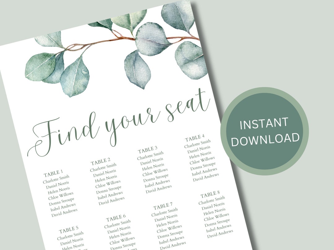 Printable Wedding Table Plan, Eucalyptus Reception Seating Plan, Sage ...
