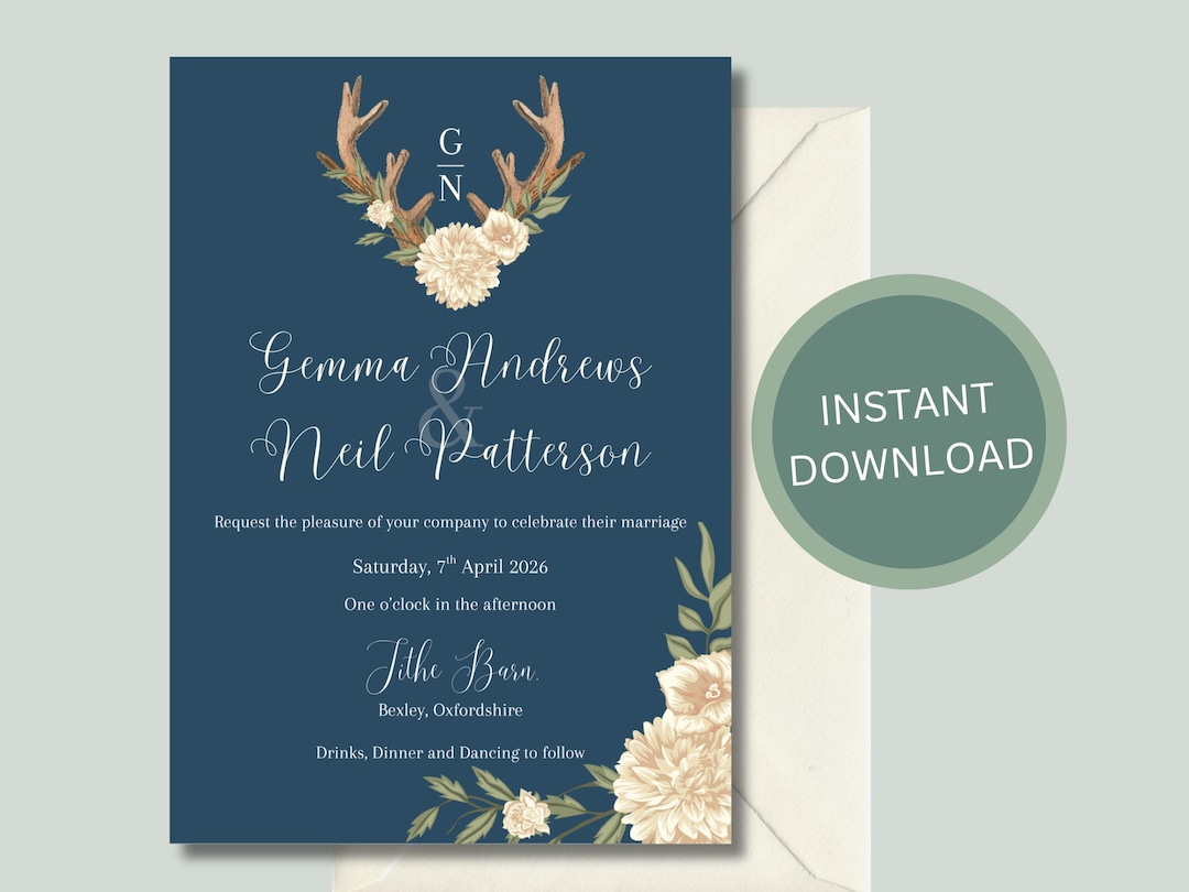 Rustic Stag Wedding Invitation Template, Forest Antler Invite (digital ...