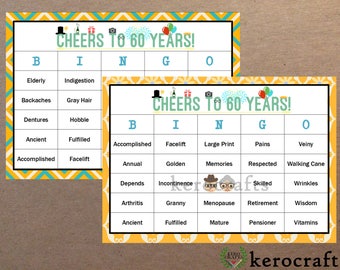 60th Birthday Party Bingo Game 30 Different Cards Old Age Theme Bingo Words Half Page Size ...