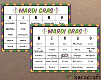 Mardi Gras Party Bingo Game Carnivale Mardi Gras Bingo Words very Fun ...