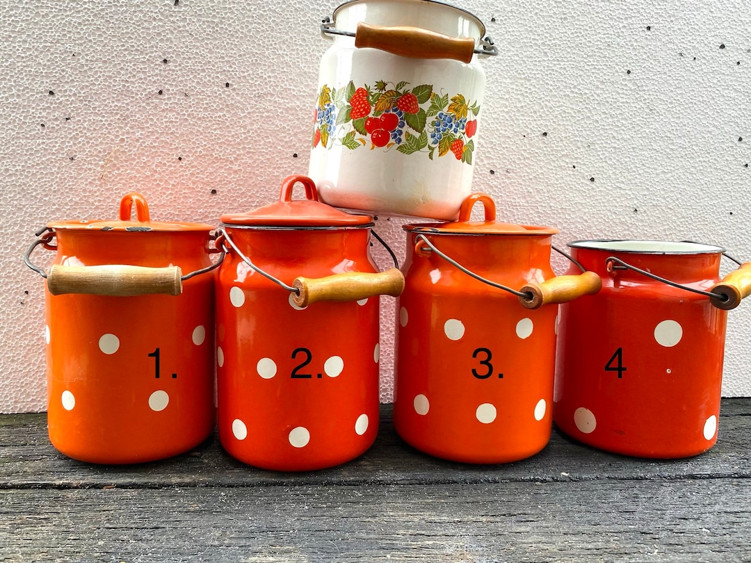 Vintage Enameled Can, Red Milk Can, Orange Enamel Can Metal Can ...
