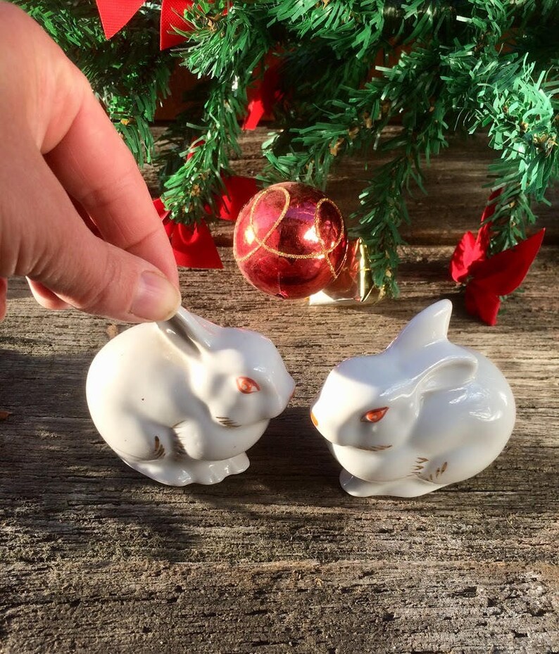 Porcelain Figurine Hare 2 White Hares Family Eastern White Bunny Home ...