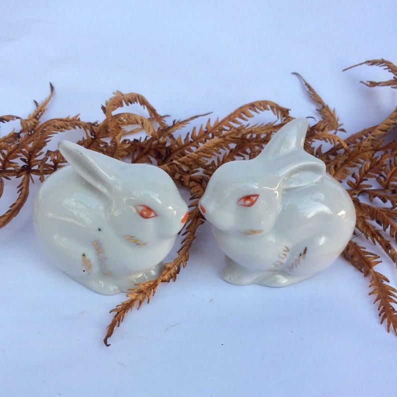 Porcelain Figurine Hare 2 White Hares Family Eastern White Bunny Home ...