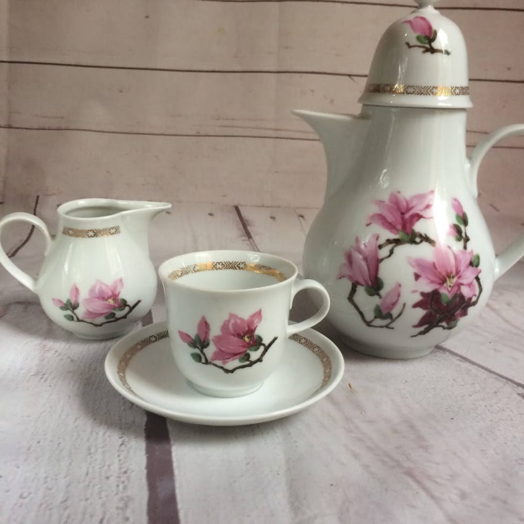 Vintage Porcelain Set Magnolia Tea or Coffee Set for One Person Teapot ...